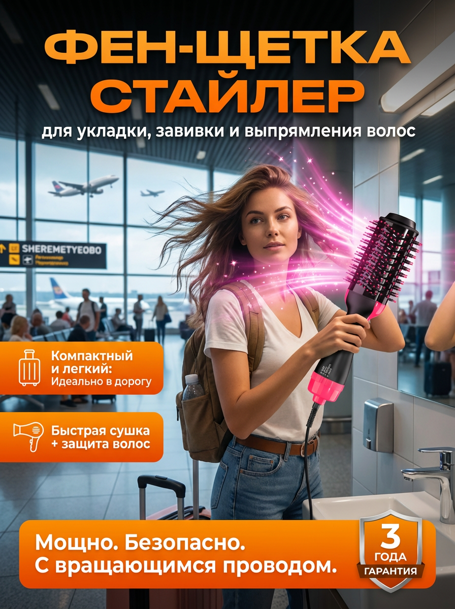 Фен-щетка для волос 3 в 1, Термощетка, Выпрямитель для волос, Стайлер, Расческа