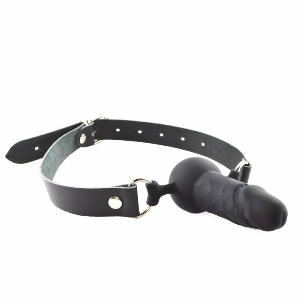 Кляп страпон Sitabella с фаллосом из силикона и кожи, регулируемый ремешок, черный, 9.7 см