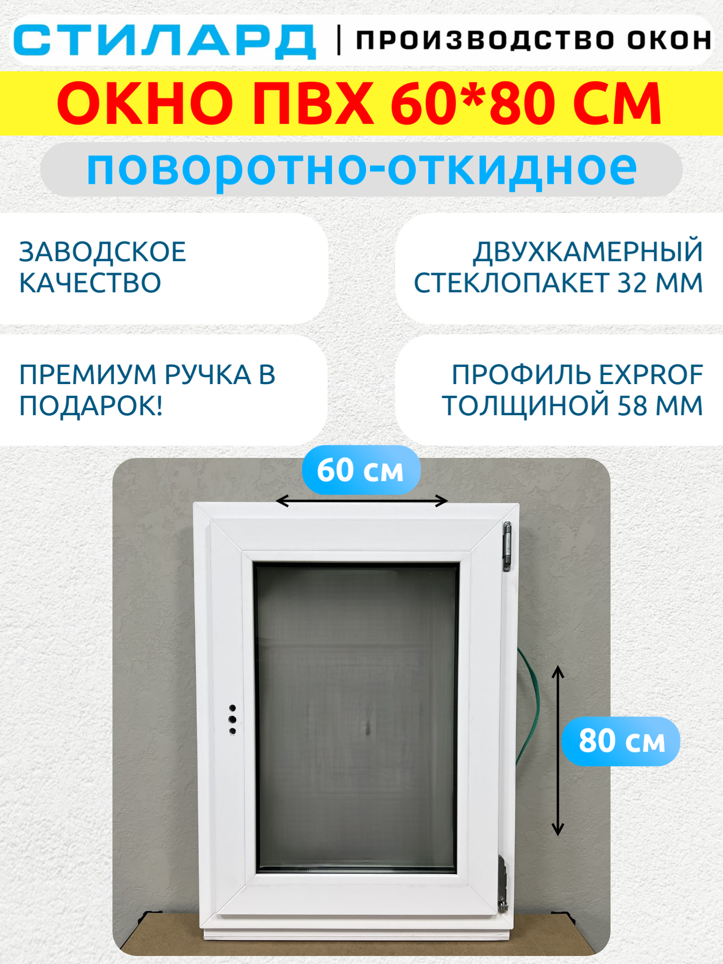 Окно пластиковое ПВХ, 60х80 см, поворотно-откидное, двухкамерный стеклопакет, белое