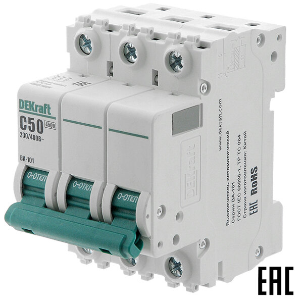Автоматический выключатель на Din-рейку DEKraft ВА101-3P-050А-C 11083DEK C50А/3п/ 4,5 кА