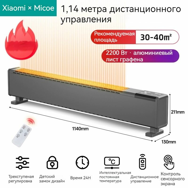Графеновый обогреватель Xiaomi Micoe с быстрым нагревом плинтуса, домашний мобильный теплый пол большой площади