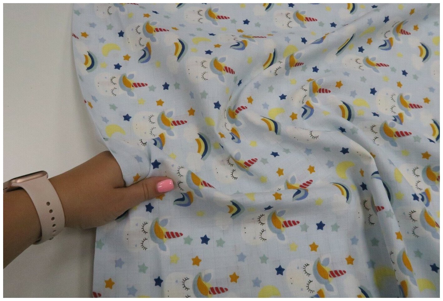 Муслин двойной принт: "Единоржки-головёжки" голубые (100 см. х180 см.)