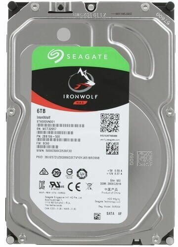 3.5" 6 ТБ Жесткий диск Seagate IronWolf (ST6000VN001) - SATA III, 6 Гбит/с, 5400 об/мин, кэш память - 256 МБ