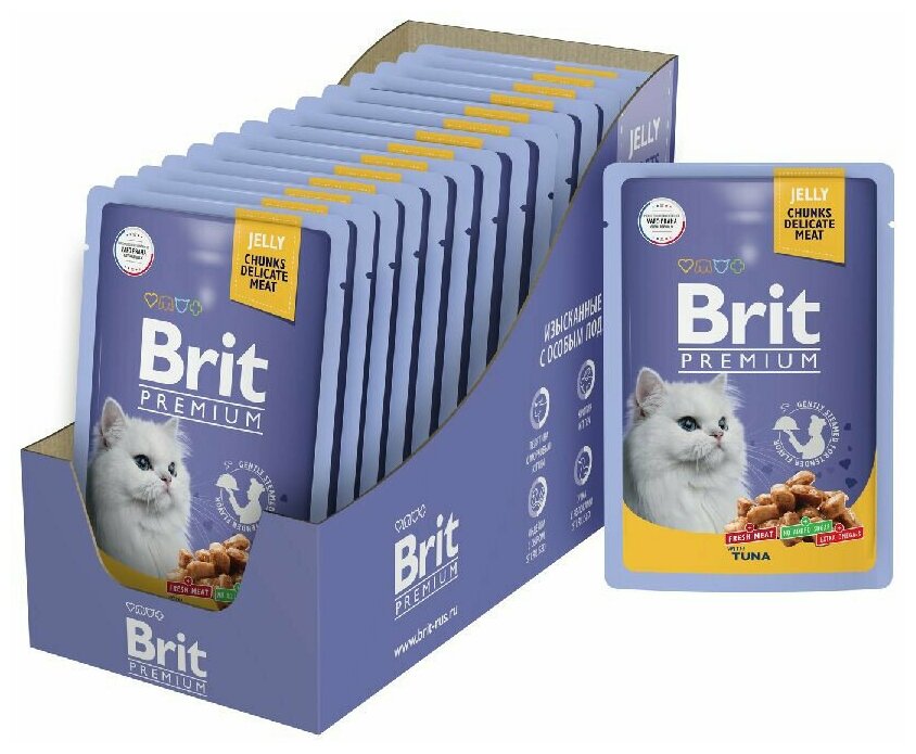 Brit Premium паучи для взрослых кошек с тунцом кусочки в желе - 85 г х 14 шт
