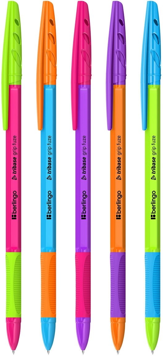Комплект 200 шт, Ручка шариковая Berlingo "Tribase grip fuze" синяя, 0.7мм, грип, ассорти