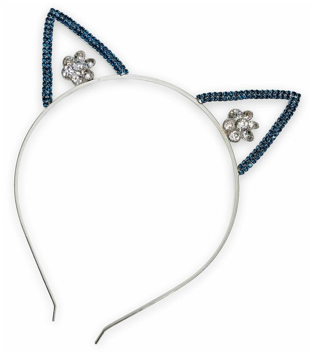 Праздничный металлический ободок с голубыми ушками кошки, ободок с камнями с ушками, серебристый с голубым