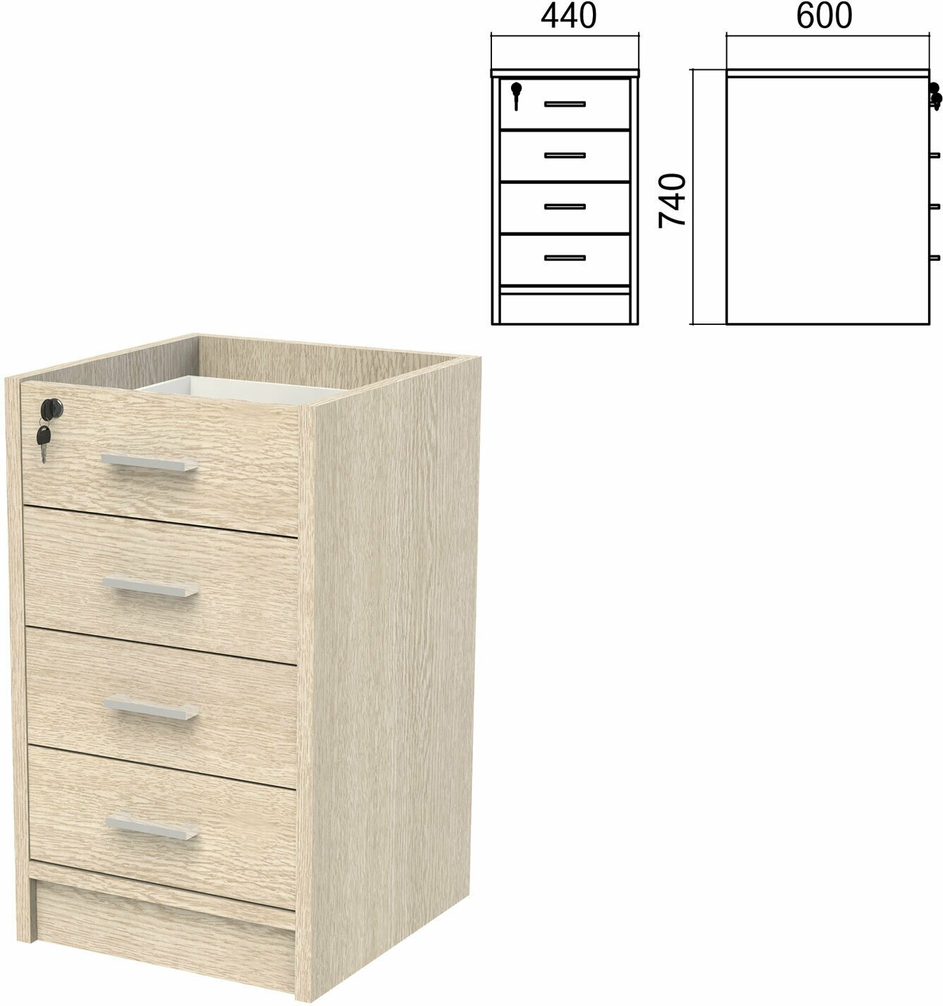 Тумба приставная Арго каркас без крышки, арго, 440х450х740 мм, 4 ящика, замок, ясень шимо