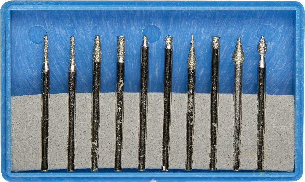 Набор алмазных насадок ЗУБР, 10 шт, хвостик d 3 мм, Р 150-180, для гравера