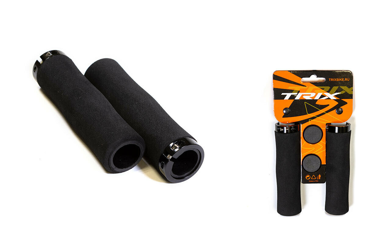 Грипсы TRIX, полиуретановые, 130мм, эргоном, алюминиевые фиксаторы на руль - 2шт, с заглушками руля