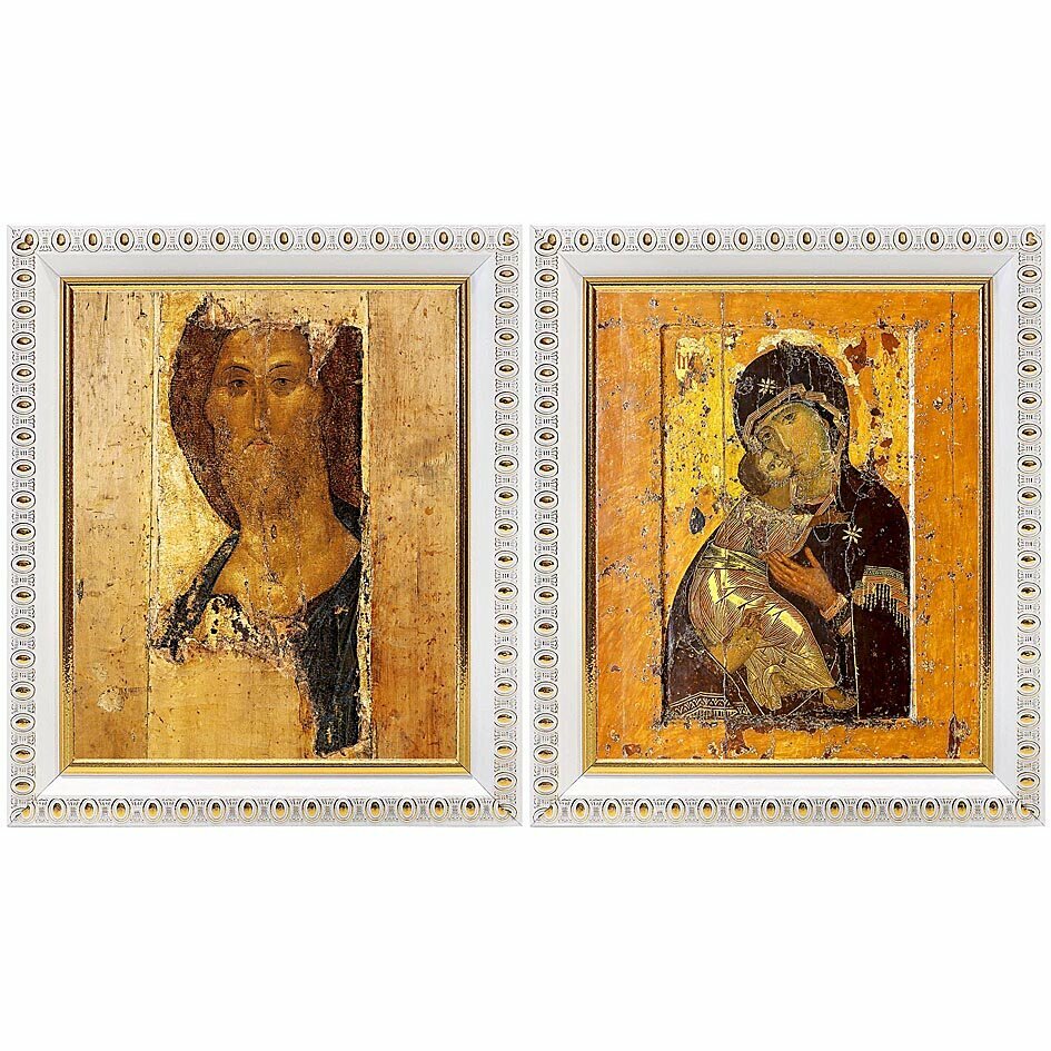Венчальная пара "Спас Вседержитель (Андрей Рублев, 1410 г) - Владимирская икона Божией Матери (XII в)", две иконы в белых пластиковых рамках 12,5*14,5 см