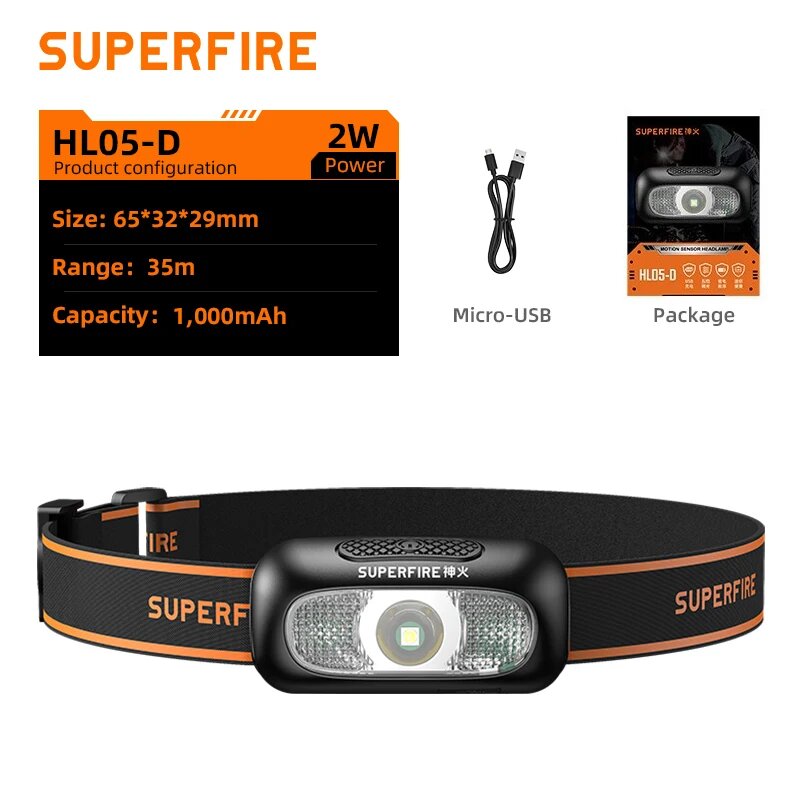 Налобный фонарь SUPERFIRE HL05 Series Mini Sensor: Мощный, перезаряжаемый, для HL05-D 2W 1000mAh