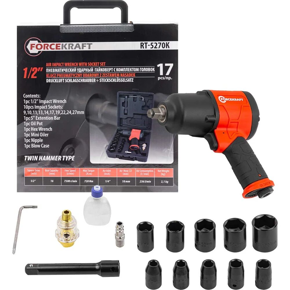 Forcekraft Пневмогайковерт ударный с комплектом ударных головок и удлинителем 12 предметов, 1/2' FK-RT-5270K(25895)