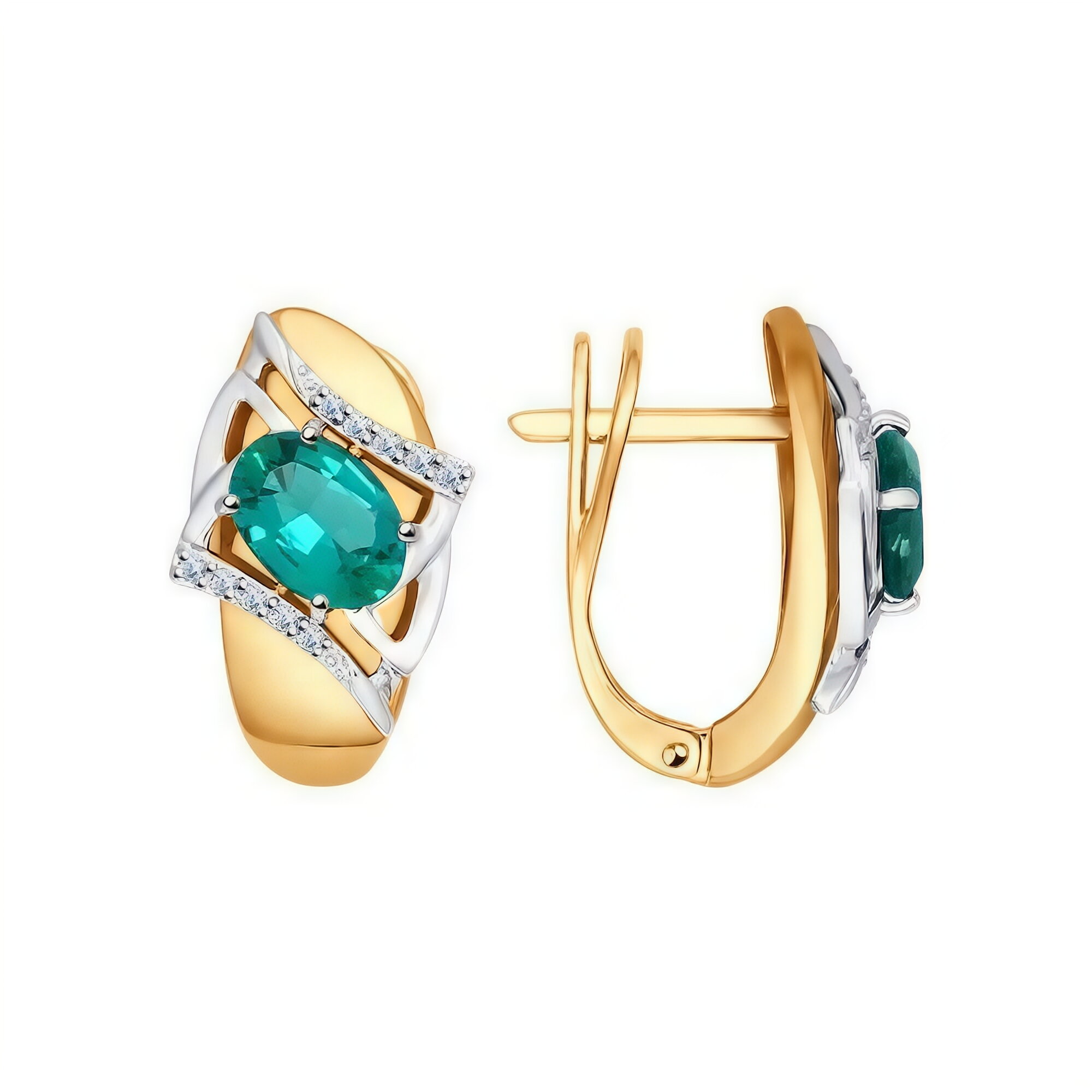 Серьги, красное золото, 585 проба, изумруд синтетический, бриллиант