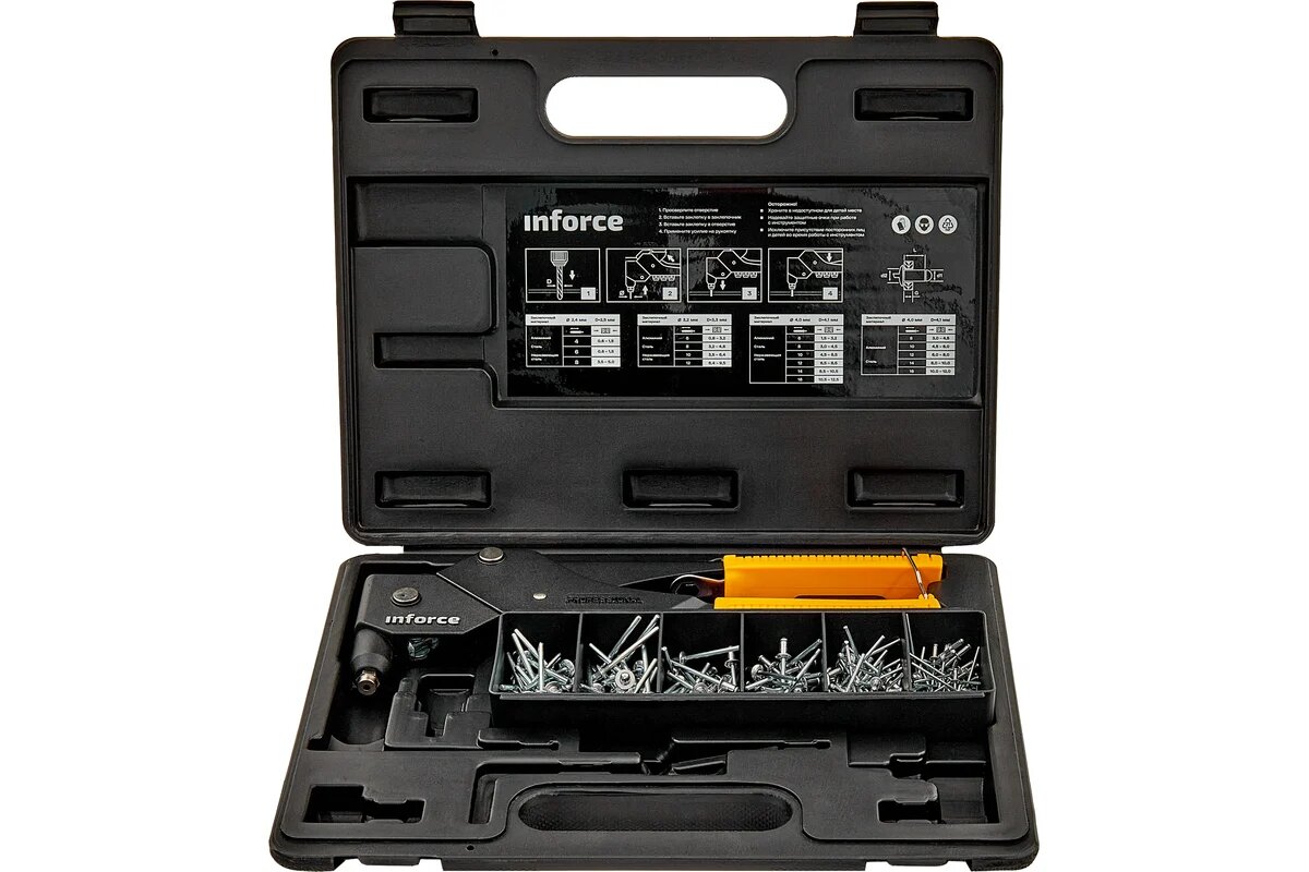 Inforce Литой ручной поворотный 360 град. заклепочник в кейсе с набором заклепок 2,4-4,8 мм 06-14-111