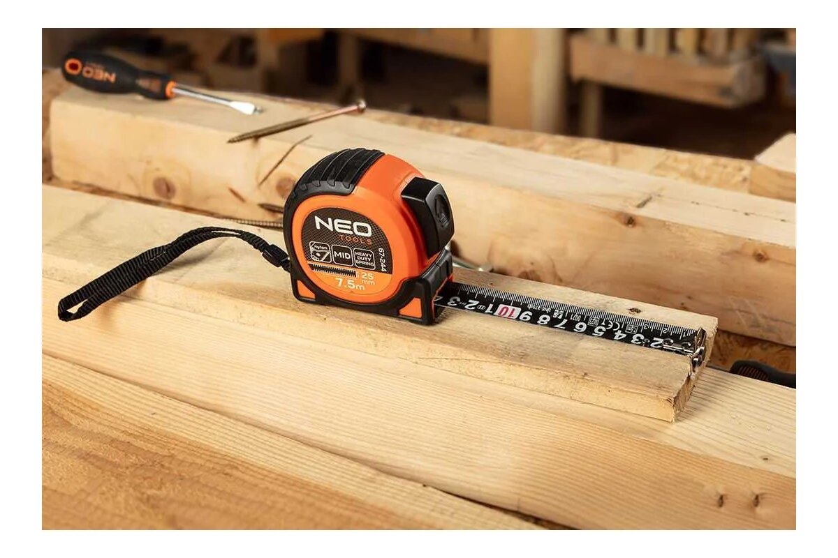NEO TOOLS Стальная рулетка Super Black 7,5 м x 25 мм, автоблокировка, две кнопки остановки, магнит 67-244