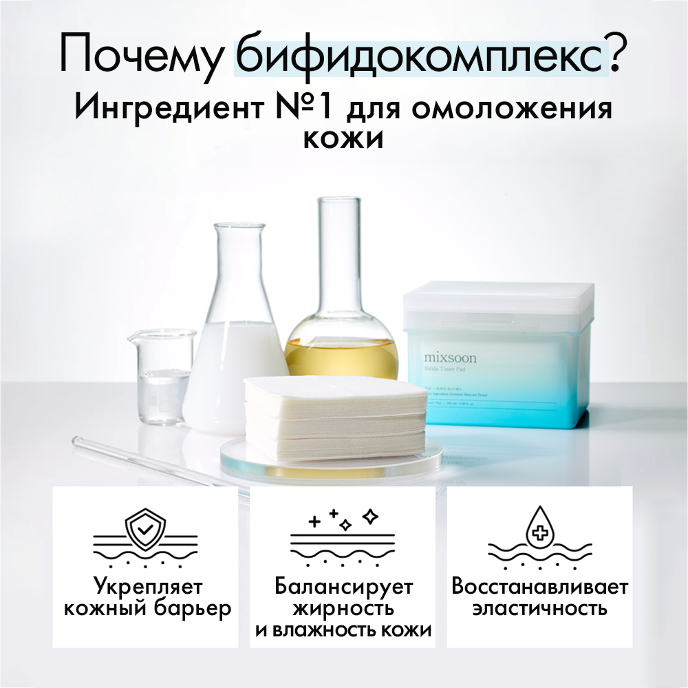 MIXSOON пэды для лица с бифидокомплексом Bifida Toner Pad, Корея 120 штук — фото 1