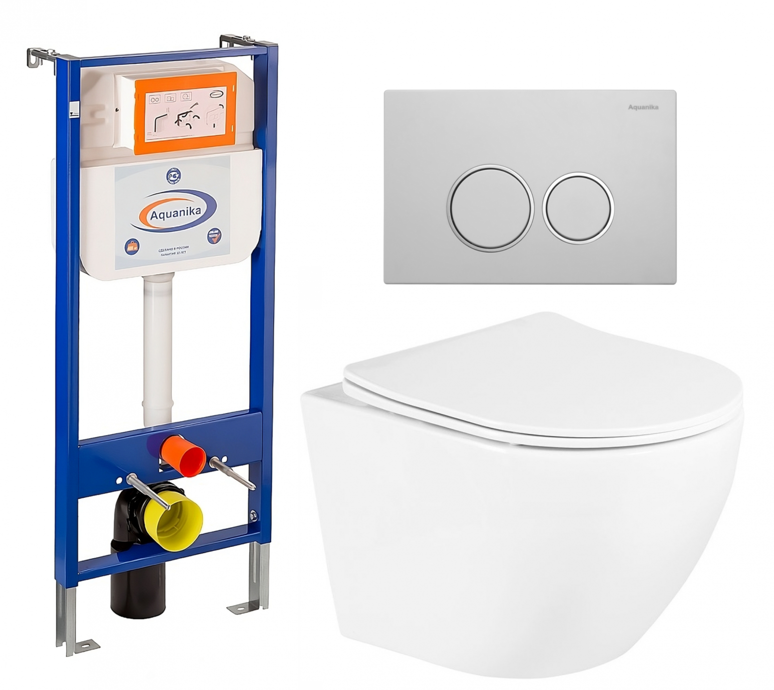 Комплект 3 в 1 инсталляция Enio Aquanika + Унитаз подвесной BelBagno Uno BB3105CHR/SC + кнопка белая хром круглая