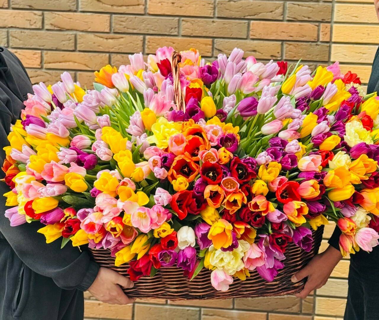 Букет гигант 1001 тюльпан в корзине. Огромный букет тюльпанов