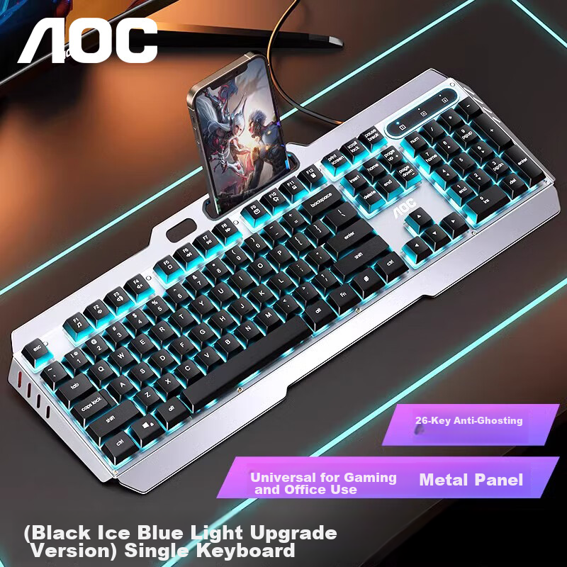 AOC KB122 Wired Keyboard, True Mechanical Feel, Backlit Lighting Effects, Gaming Keyboard, Compatible with Computers And Laptops, Black with Blue Light