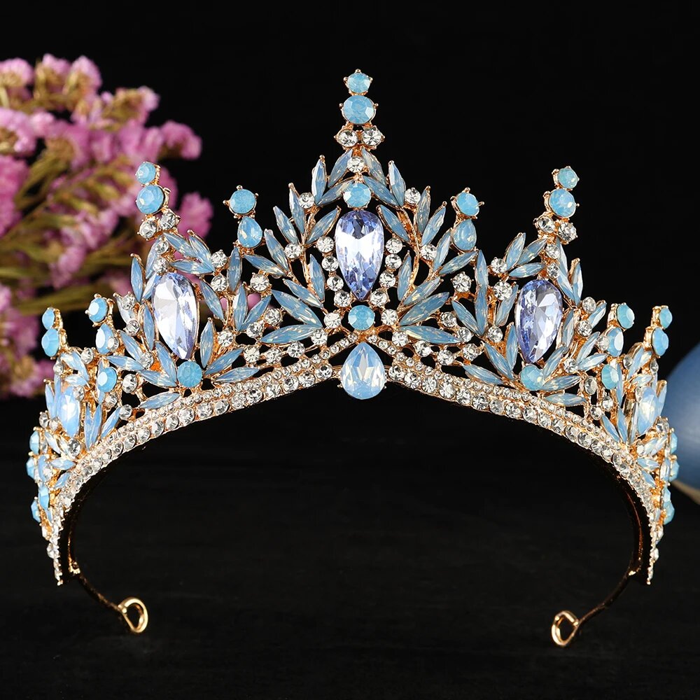 Золотая винтажная тиара с кристаллами George Black Gold Blue Opal