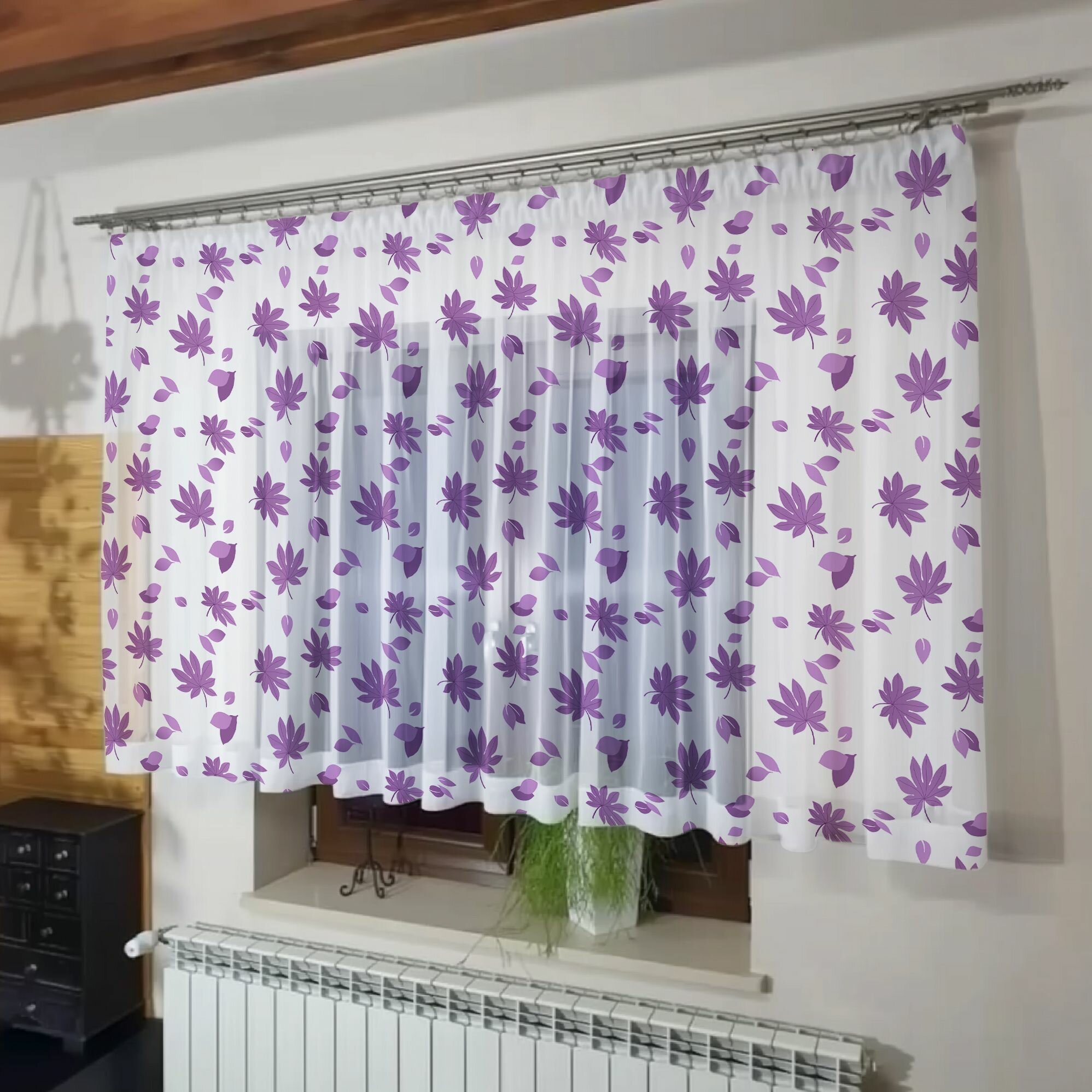 Тюль с рисунком для кухни короткий одним полотном на ленте под крючки арт КЛЕН-К-1 выс 180 см цвет сиреневый