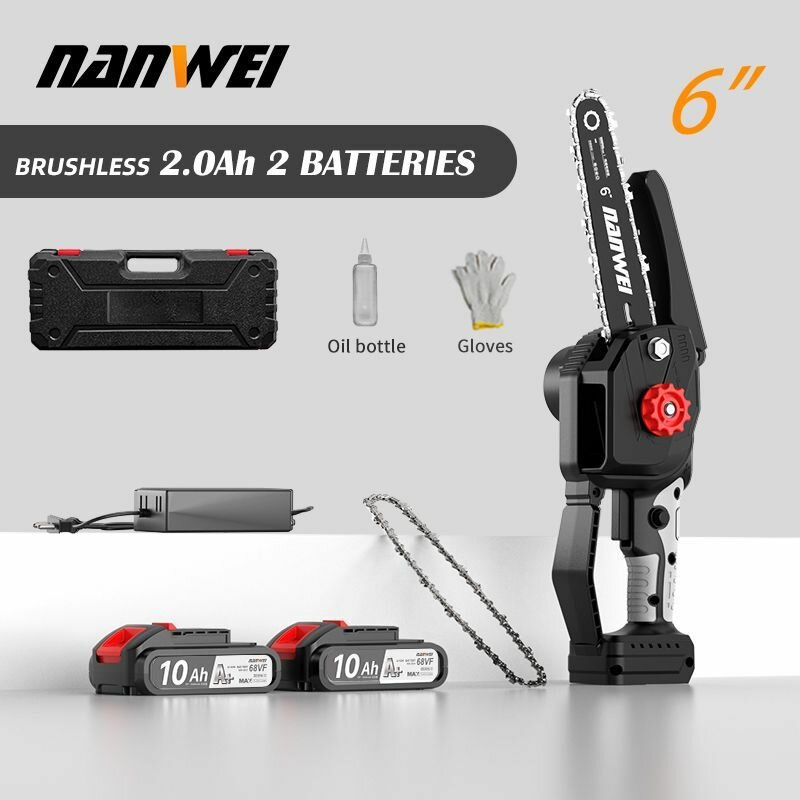 Цепная пила NANWEI 6" бесщеточный двигатель 21 В автоматическая смазка 5800 об/мин Скорость цепи 6 м/с Емкость аккумулятора 2,0ah -jua