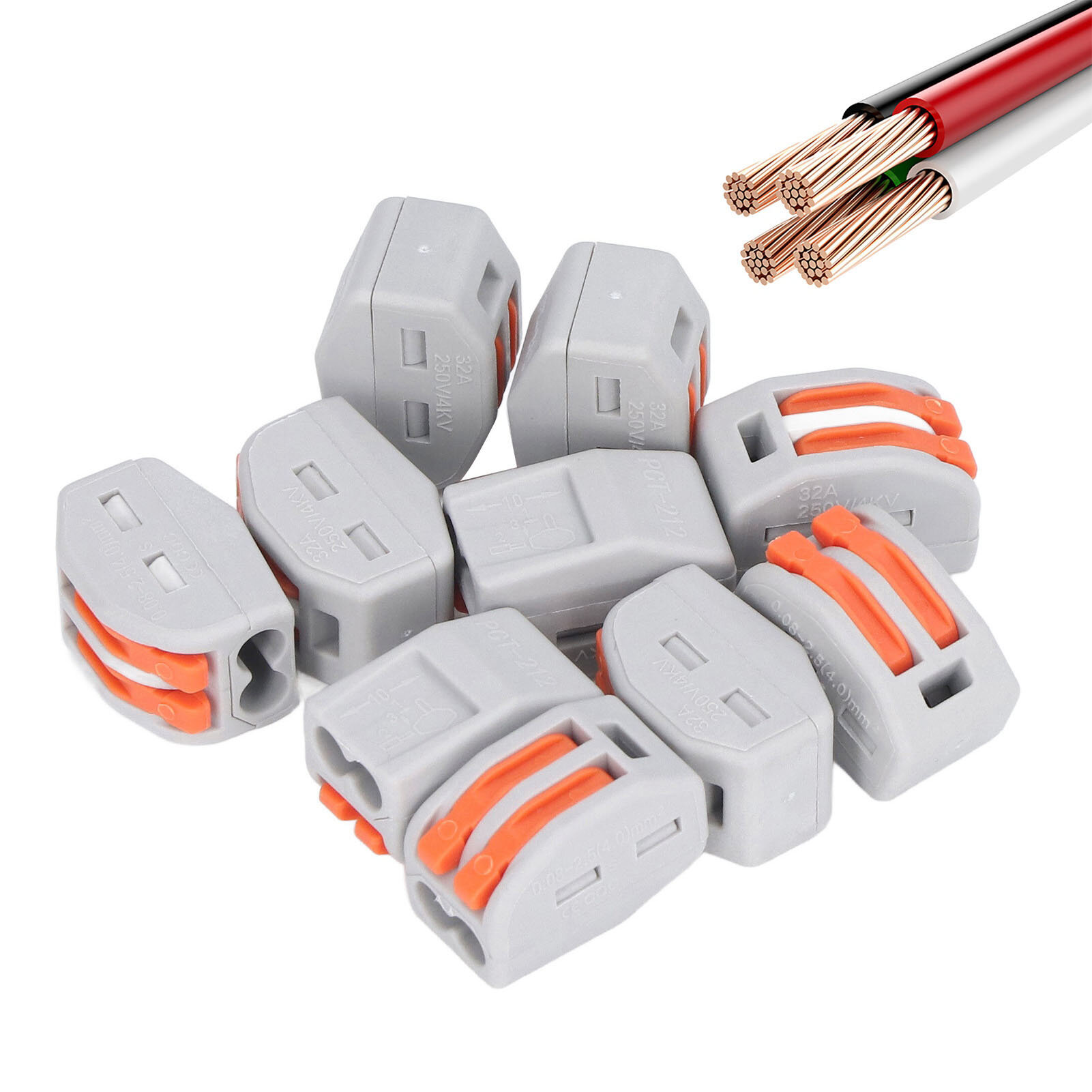 50 шт Коннектор для проводов с 2 портами, рычажный сплайс-терминал, набор для монтажа проводов, оранжевый, PCT-212, бронза+PC, 32A, длина монтажа 9-11мм, для одностратных твердых проводов 28-12AWG, для многопроволочных гибких проводов 28-14AWG