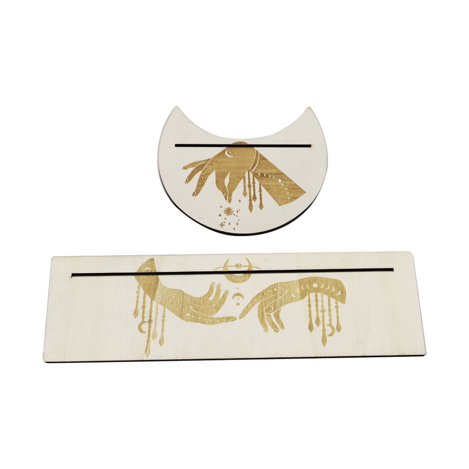 2PCS Таро Стойка Деревянная Прямоугольная Луна Форма Таро Стойка Деревянные Подставки для Карточек Инструменты Видения Утварь Декор Цвет Светло Коричневый Материал Пластик Лесной Размер Луна 12.5*10.5*0.5см Размер Прямоугольной Пластины 25*7.5*0.5см