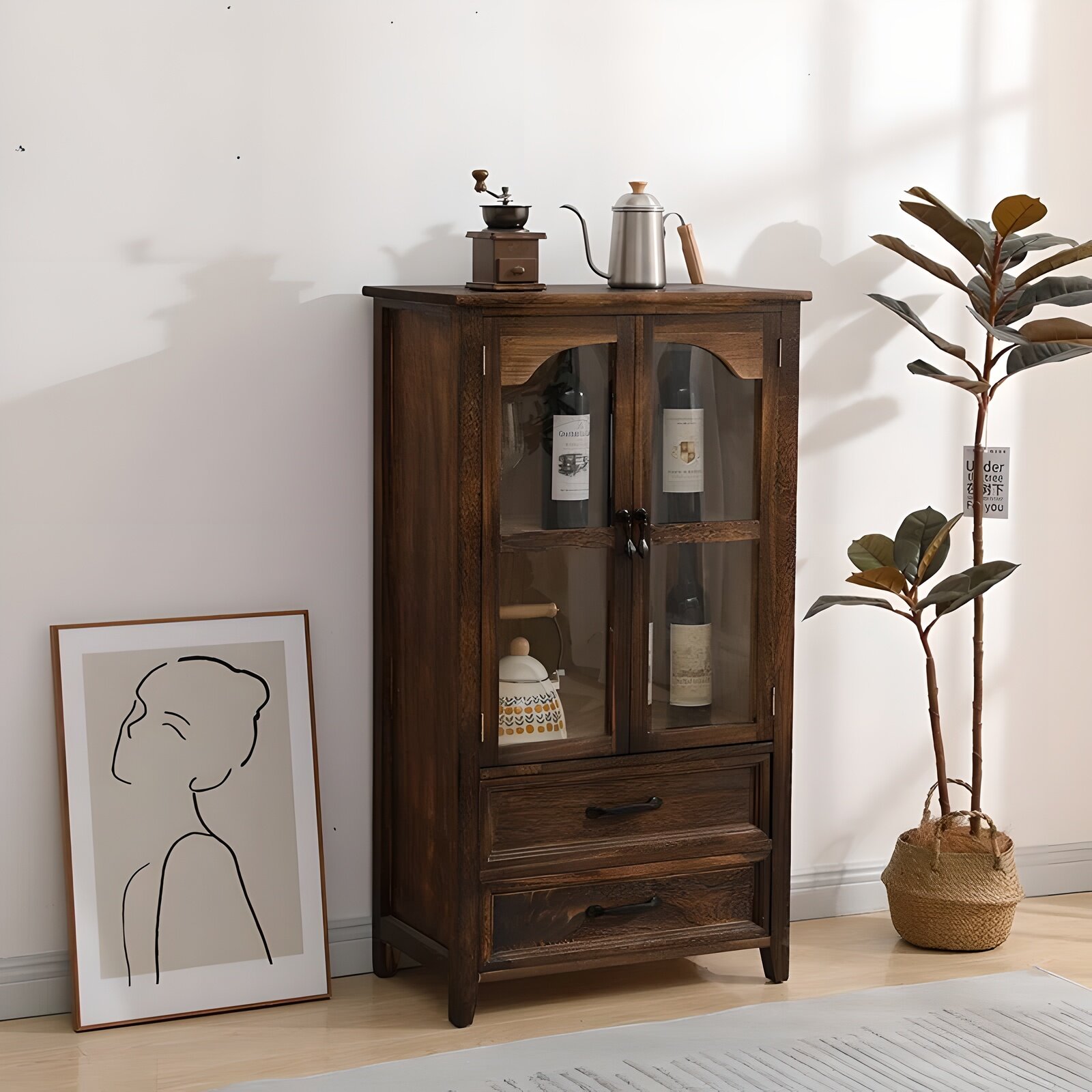 Шкаф-витрина "Павловния", массив дерева, коричневая, выдвижные ящики, 35 x 60 x 110 см