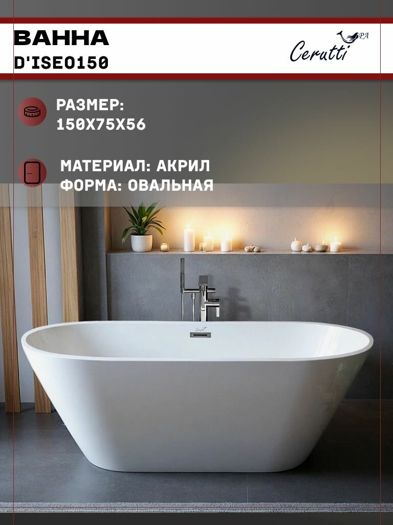 Ванна Ceruttispa d'ISEO150 акриловая (1500x750x560) отдельностоящая, белая
