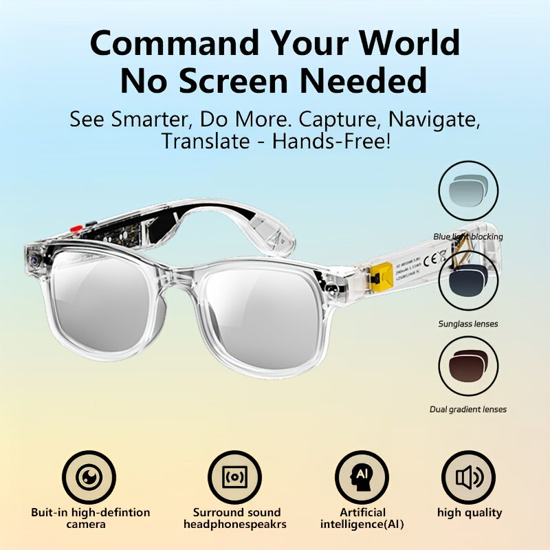 AI Smart Multifunction Glasses in HD Camera Wireless Calling and Music Playback Multi Language Translation Three Interchangeable Lenses Clear Glasses Yellow Lightweight and Portable Perfect for Photos and Seamless Communication Wearable Device