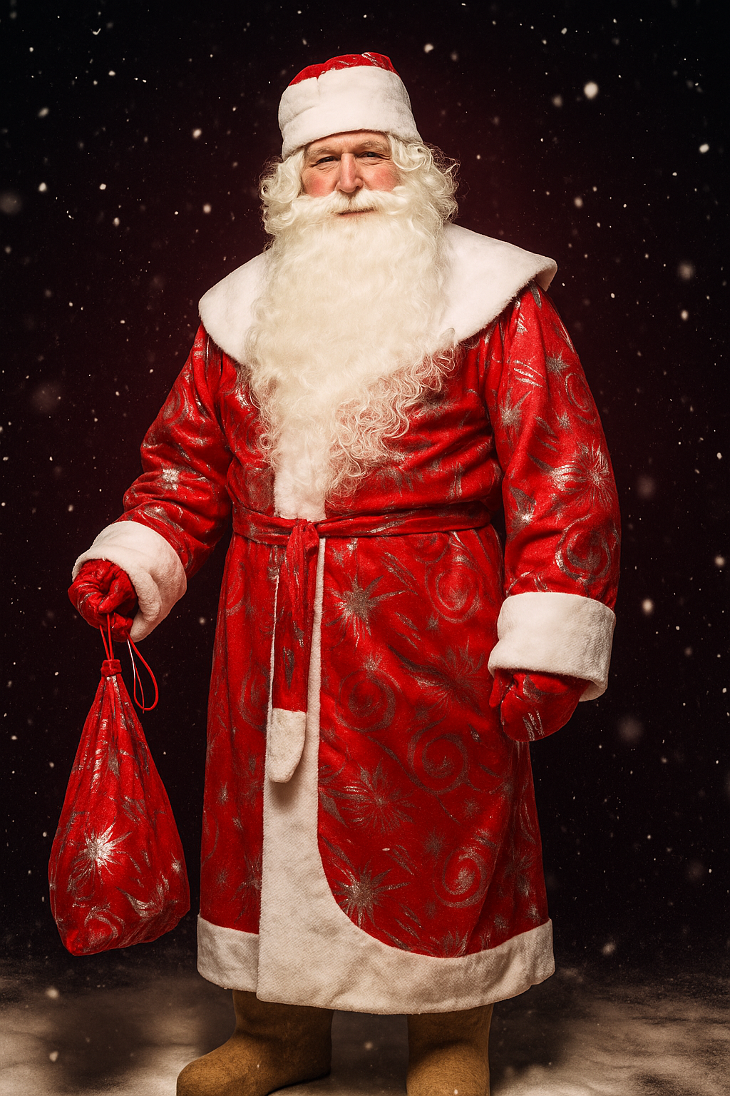 Костюм Деда Мороза Салют морозные узоры на подкладки красный