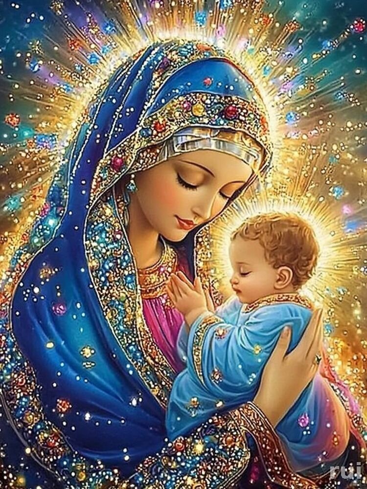Алмазная картина "Богородица с Младенцем", 30x40 см. Православная икона, золотые узоры.