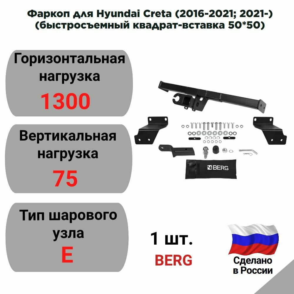 Фаркоп для Hyundai Creta (2016-2021; 2021-) (быстросъемный квадрат-вставка 50*50) "BERG" F2312003