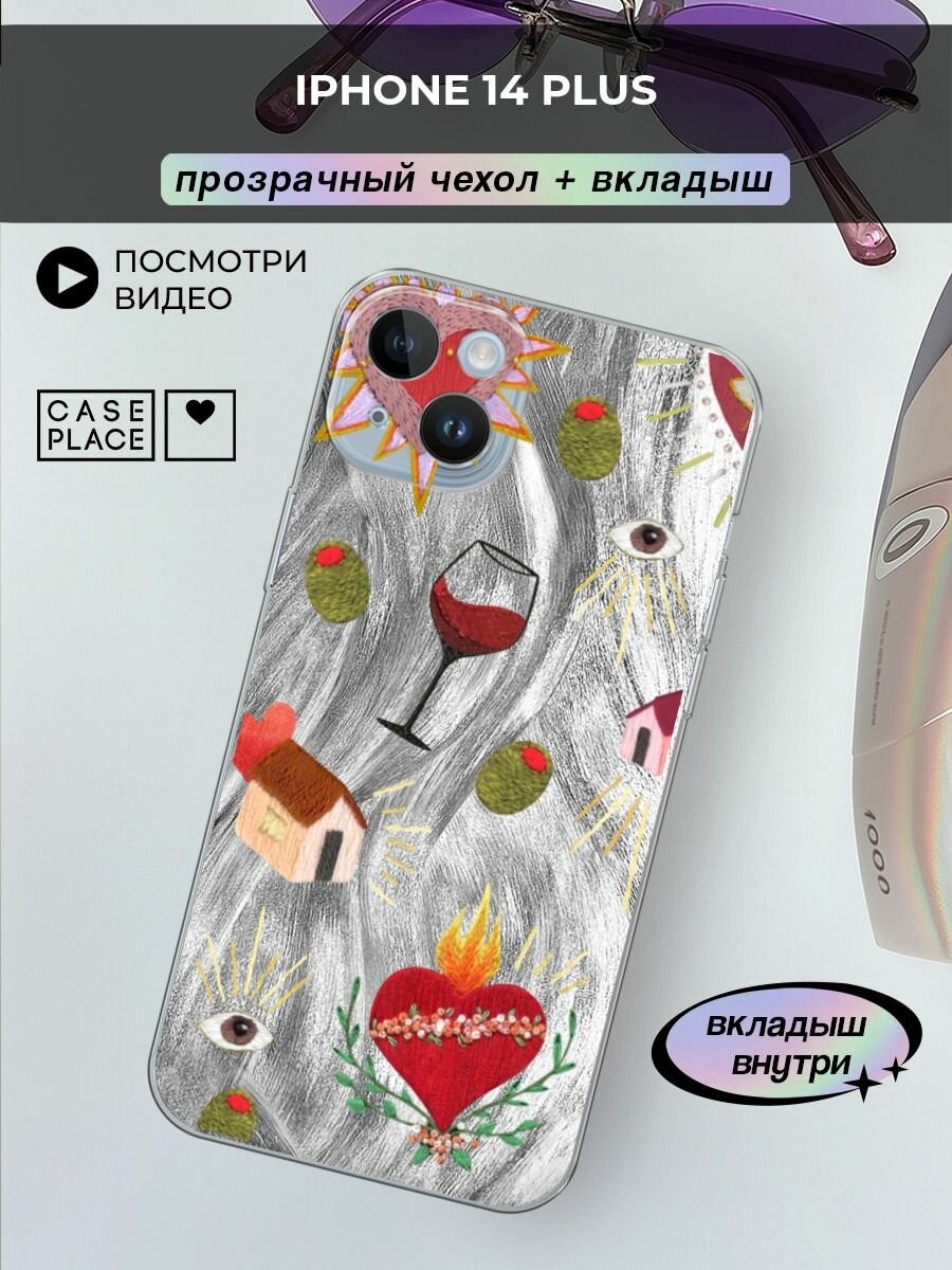 Чехол на Apple iPhone 14 Plus / Айфон 14 Плюс с блестками и принтом Ниточный коллаж