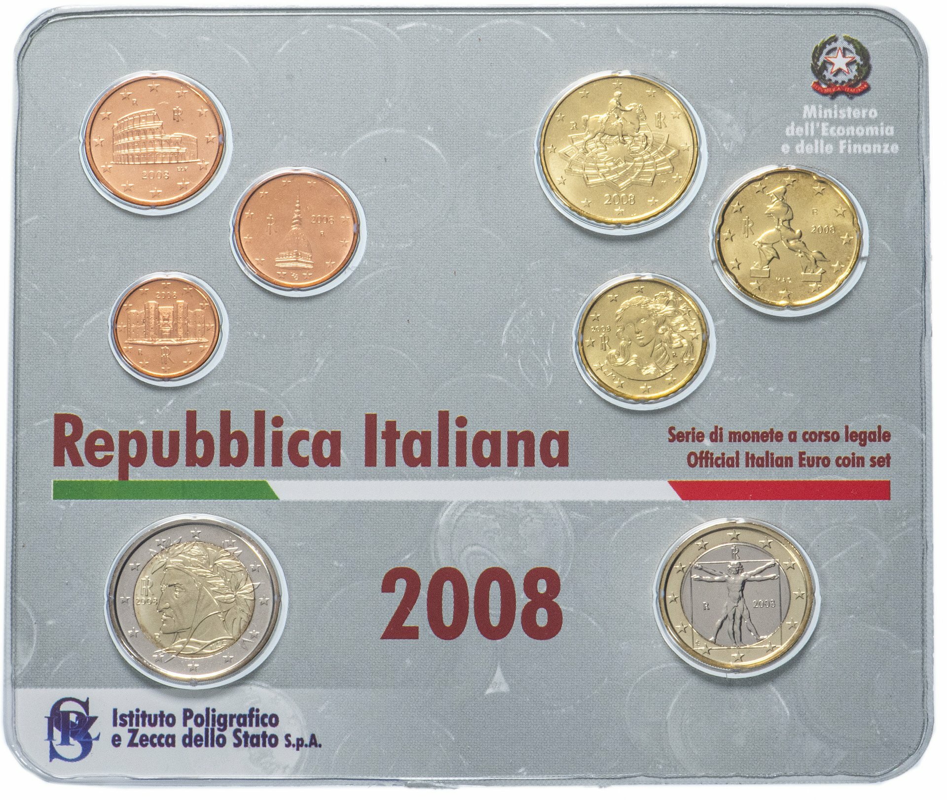 Италия 2008 официальный годовой набор евро из 8 монет в буклете, Биметалл, нордик, сталь с медным покрытием, в сохранности UNC