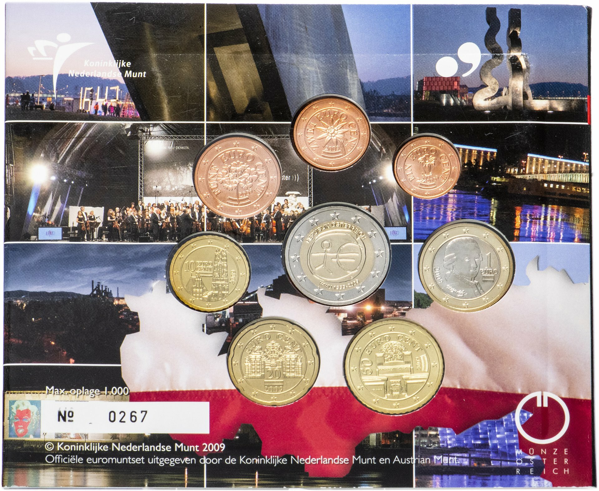 Австрия 2009 официальный совместный выпуск монетных дворов Австрии и Нидерландов годовой набор евро 2009 в буклете, Никель, в сохранности UNC