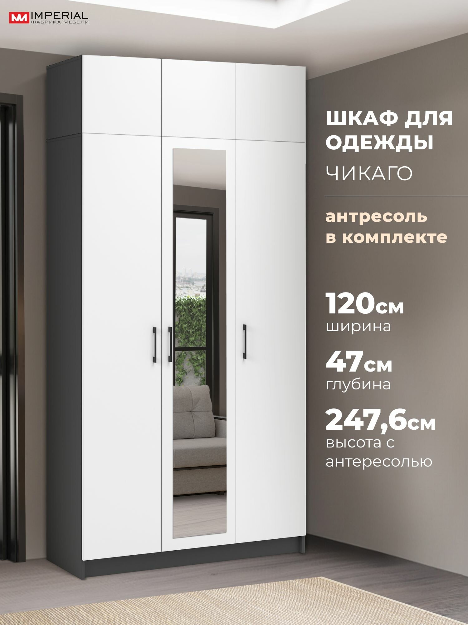 Шкаф распашной для одежды + антресоль Чикаго 3д 1 зеркало, антрацит/белый