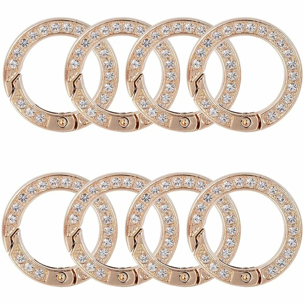 8 шт. Кольца-пружинки со стразами из сплава, светло-золотистые, 28,5x5 мм