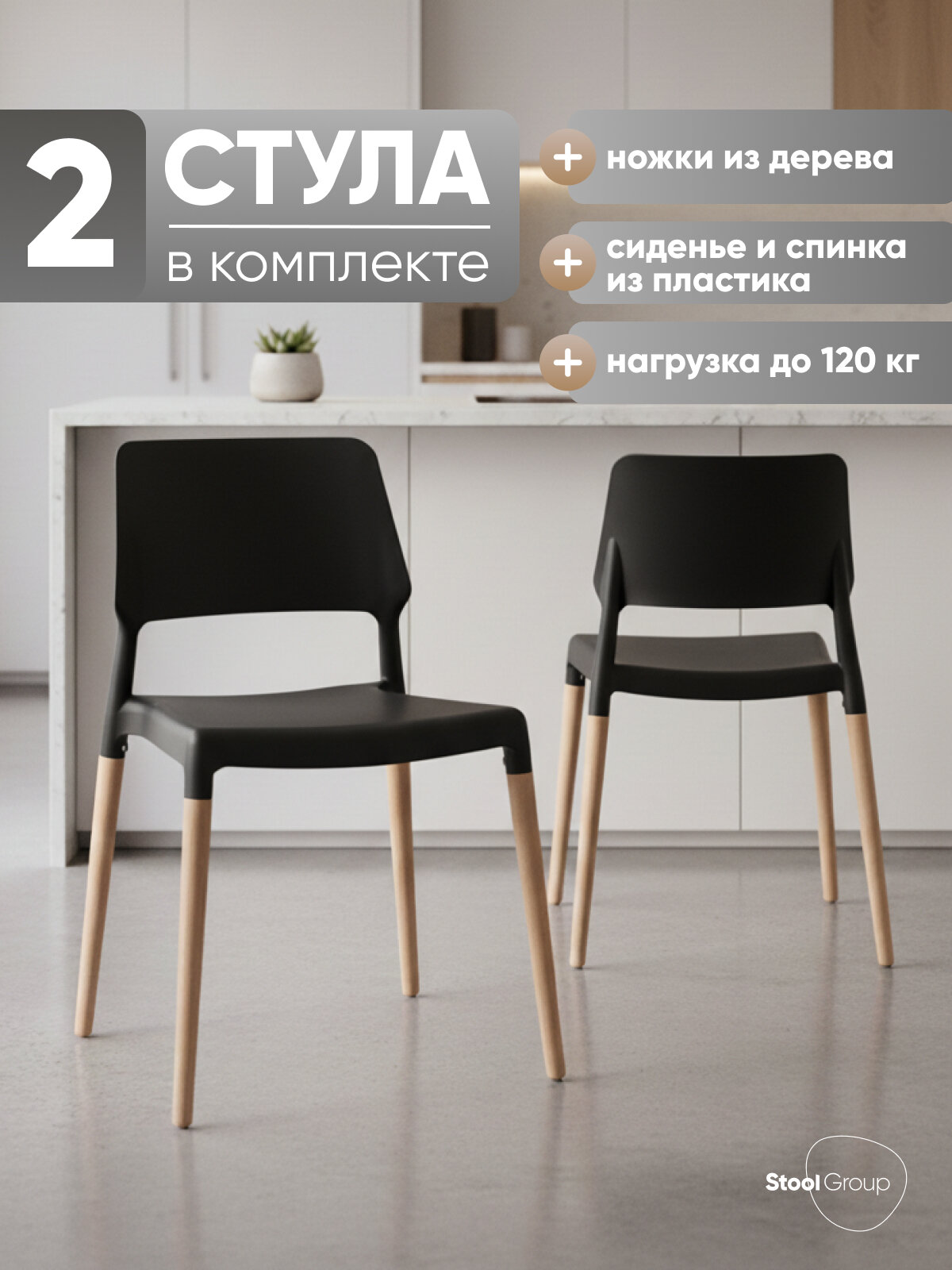 Стулья Bistro, черный, пластик/дерево, максимальная нагрузка 120 кг, 2шт