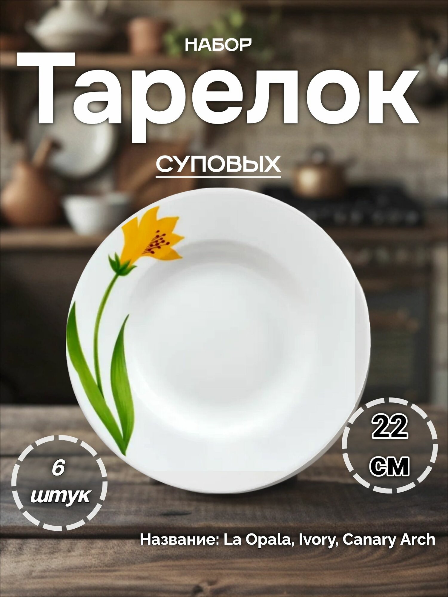 Набор суповых тарелок, La Opala, Ivory, Canary Arch, 22 см, 6 персон