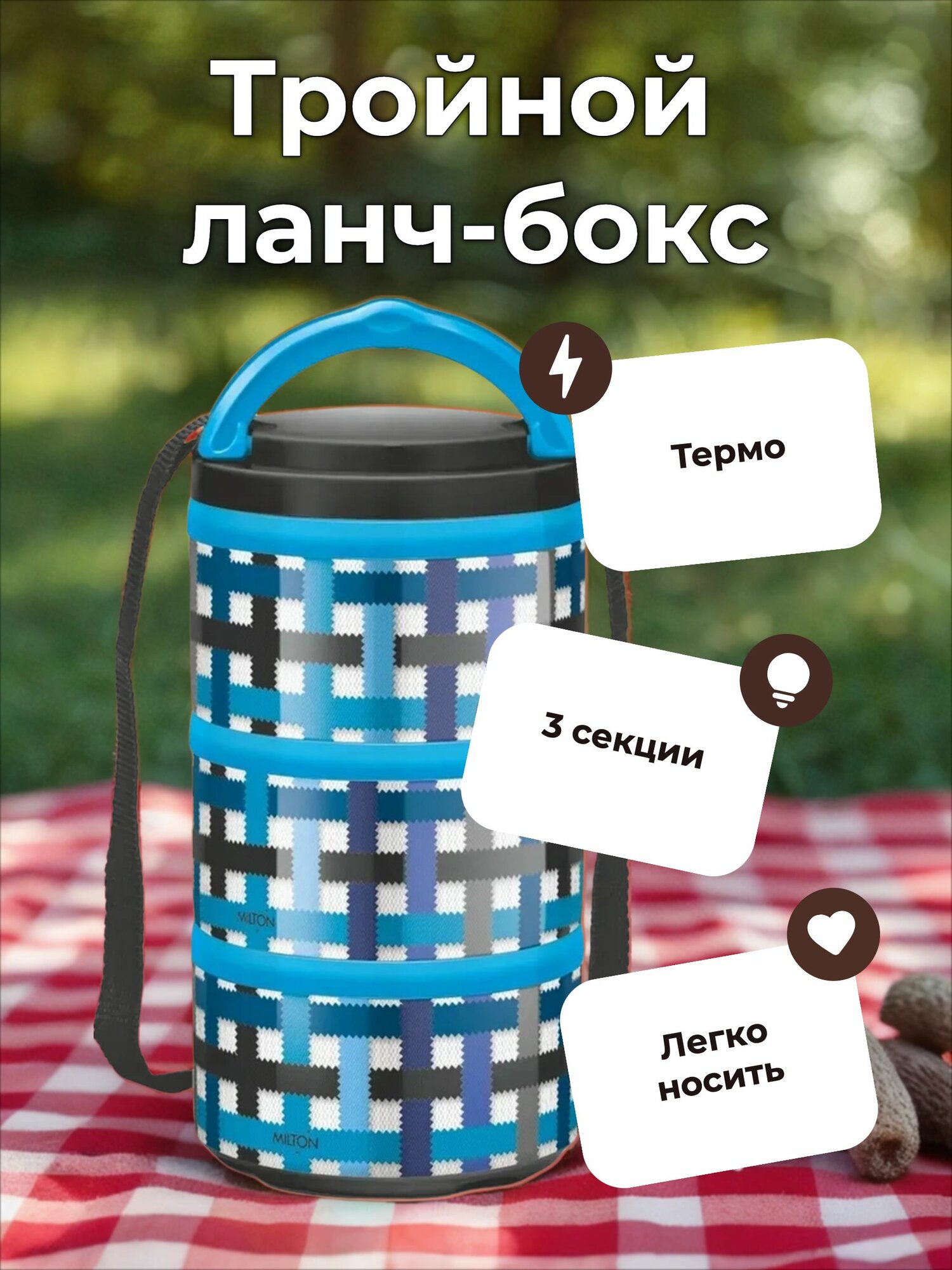 Термо ланч-бокс Milton Microwow Tiffin Pro 3, 0,72 л, Blue
