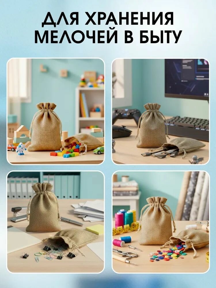 Пакеты-мешочки из льна, с завязкой, для хранения специй, подарков и мелочей, 20 штук