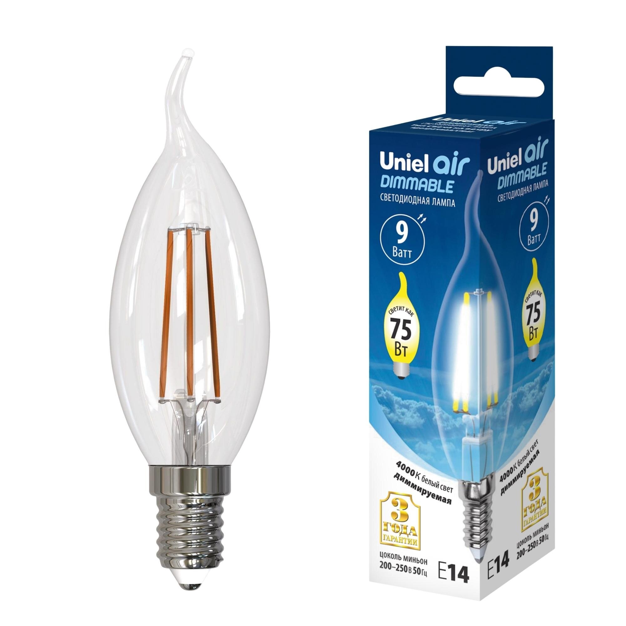 Лампа светодиодная 9W LED-СW35-9W/4000K/Е14/CL/DIM GLA01TR свеча на ВЕТ димм цвет БЕЛ AIR DIM UNIEL