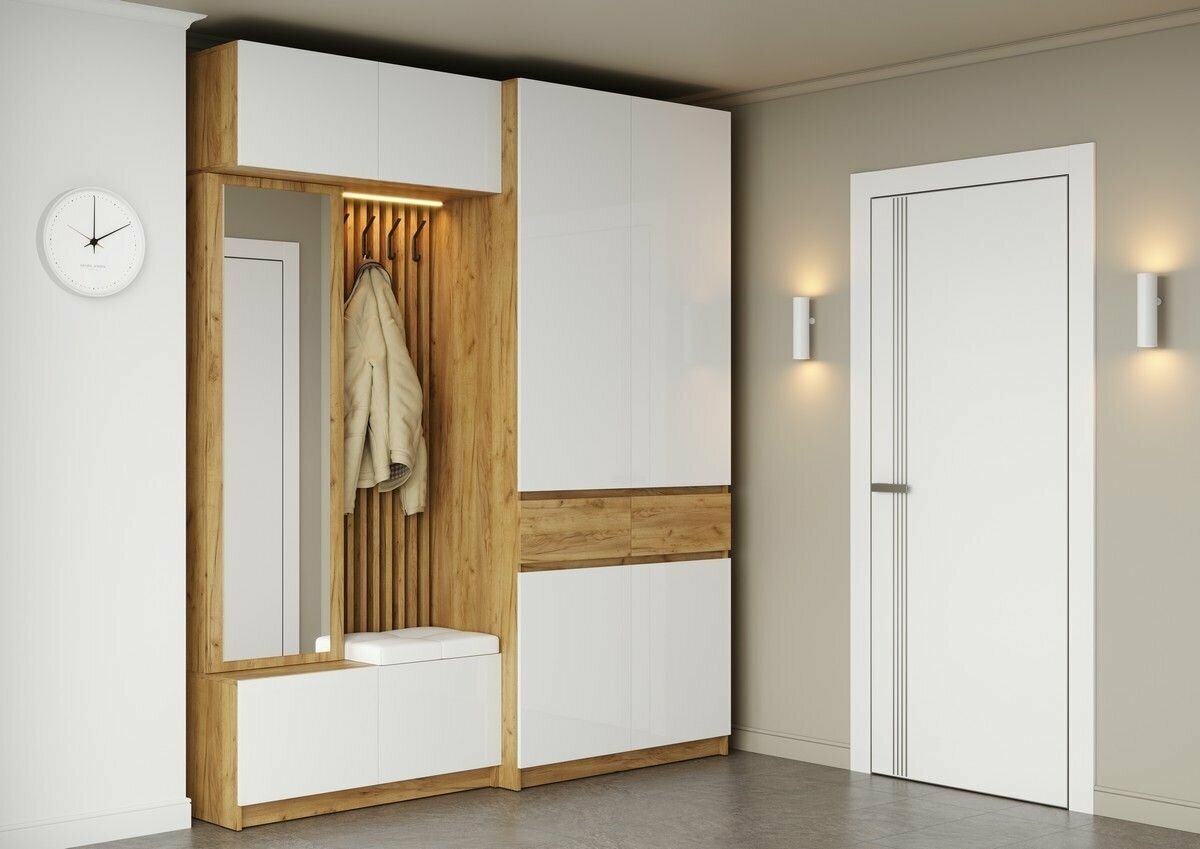 Прихожая с зеркалом комплект мебели Дуб Крафт Золотой/Белый Глянец, 207х51х236 см