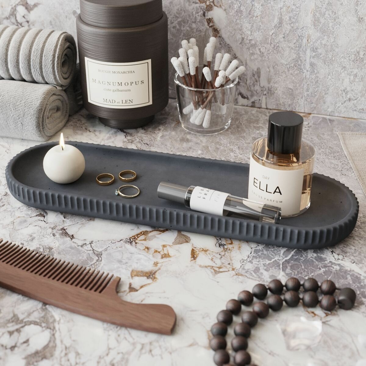 Подставка в ванную, декоративный поднос, органайзер для косметики и мелочей Chloe M, 36x11 см, бетон, графитовый матовый