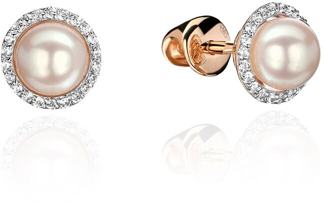 Серьги пусеты, красное золото, 585 проба, жемчуг, фианит