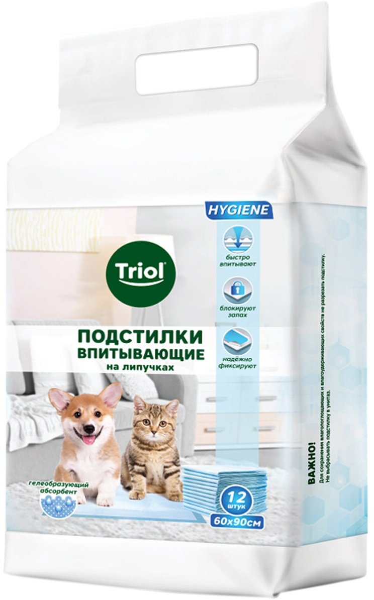 Подстилки впитывающие для животных на липучках Triol 60 х 90 см (12 шт)