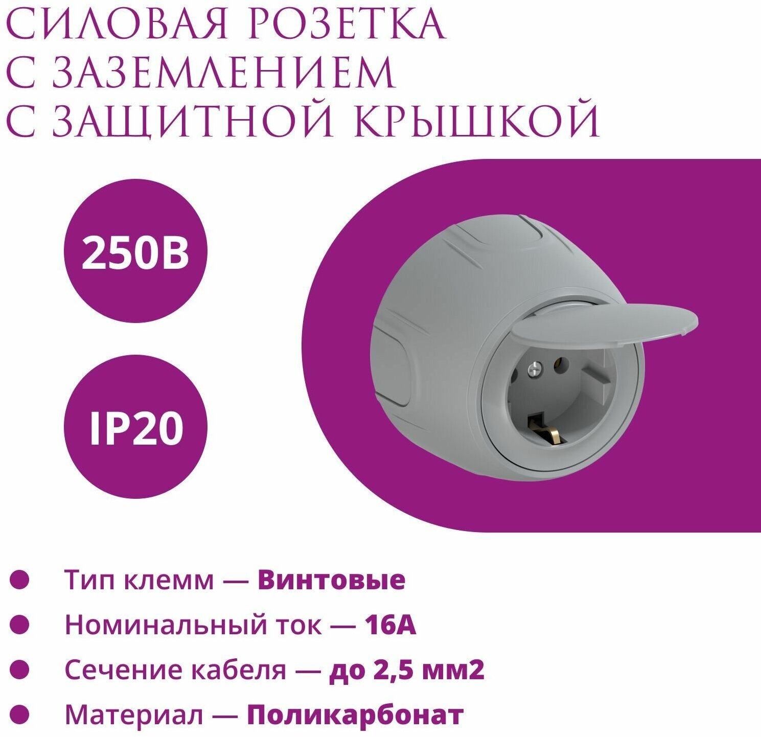 Розетка накладная одинарная с крышкой Rotondo (OneKeyElectro), с заземлением, винтовые контакты, серая