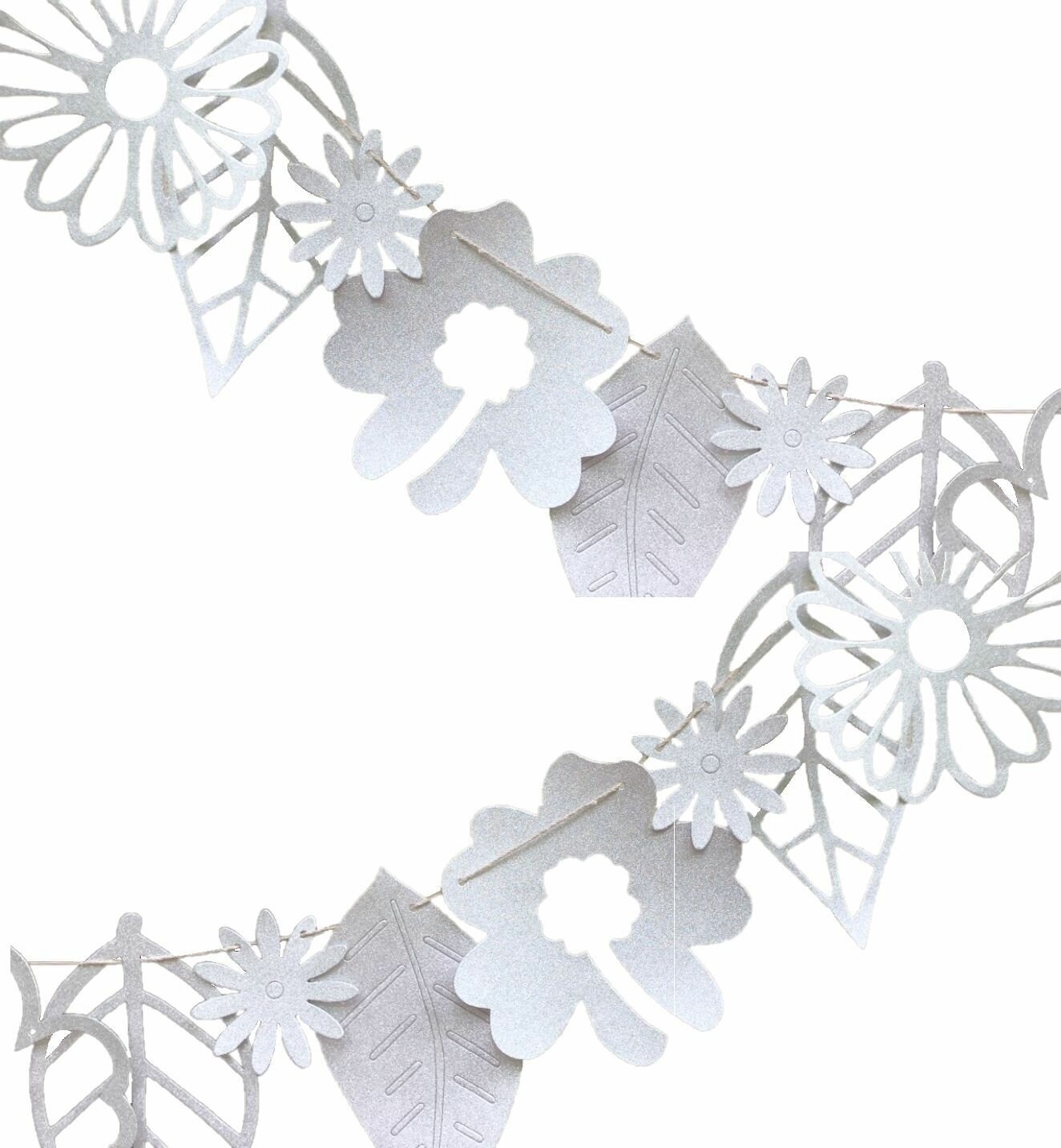 Набор ДВА комплекта декоративных украшений Цветы и листья бумажные с блестками, цвет серебристый